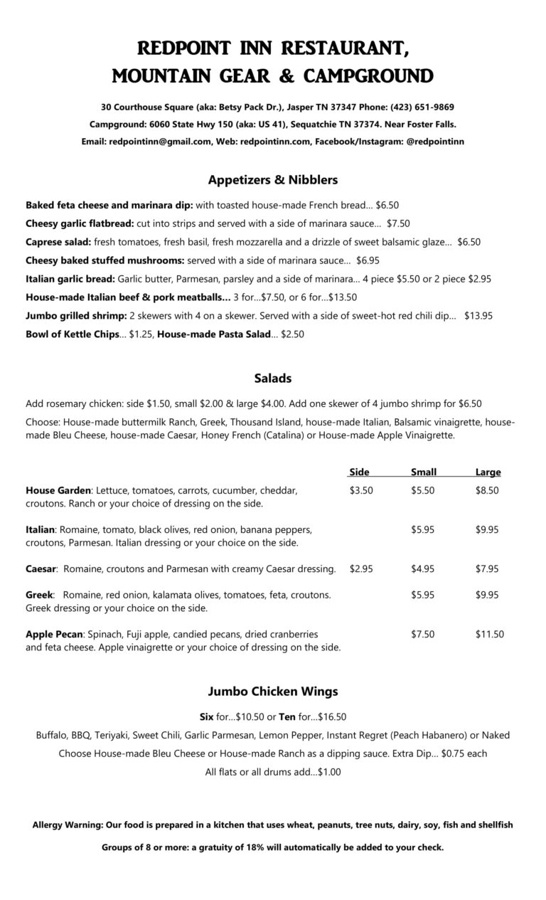 Our Menu – Redpoint Inn Restaurant & Mountain Gear