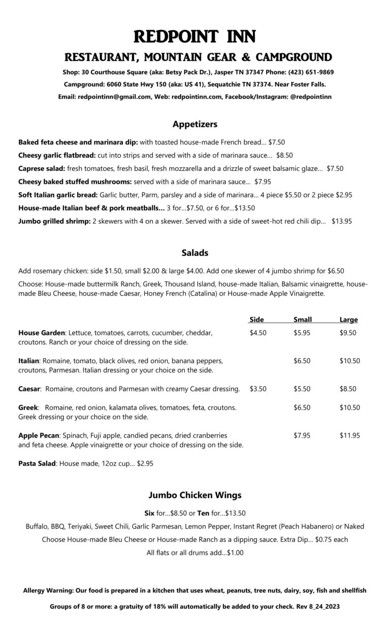 Our Menu – Redpoint Inn Restaurant & Mountain Gear